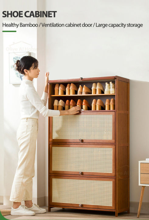 Dust Proof and Breathable Bamboo Shoe Cabinet Flip Door Shoe Locker ...