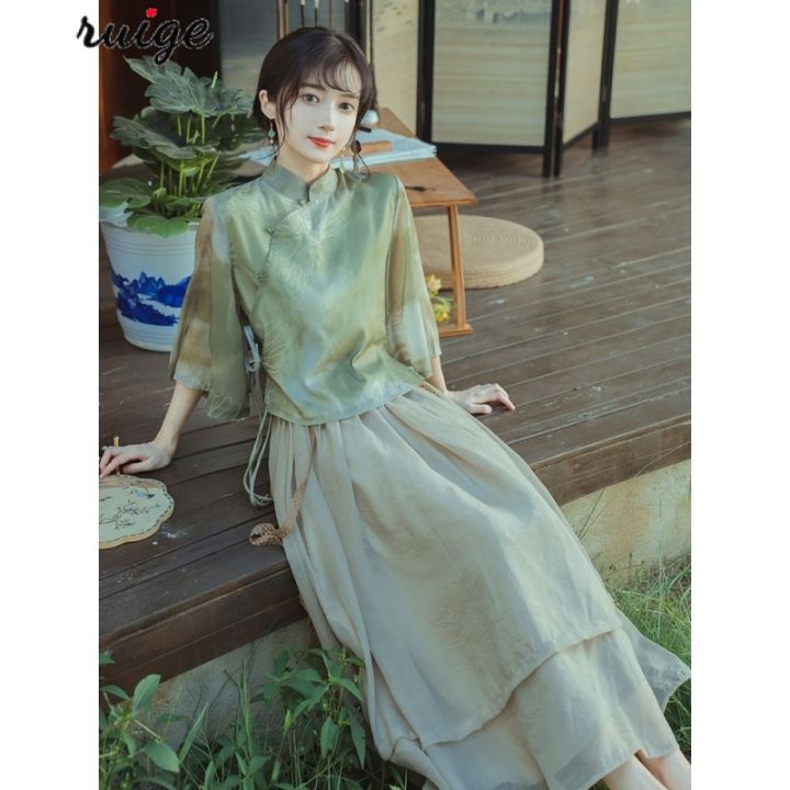 Ruige New Chinese Style Zen Tea Gown Cheongsam Two-Piece Suit Daily ...