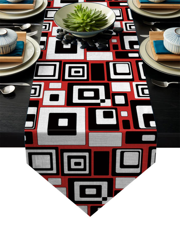 Table Runners Patchwork Geometric Spliced Red Black Modern Table Runner ...