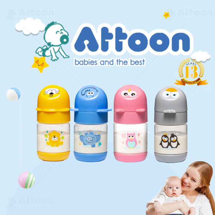 ATTOON ขวดนม ขวดนมเด็ก ขวดนมทารก ขวดน้ำ ขวดน้ำหัดดูด ขวดเสมือนเต้านม จุกนม ฝาทรงการ์ตูน ลดอาการ ...