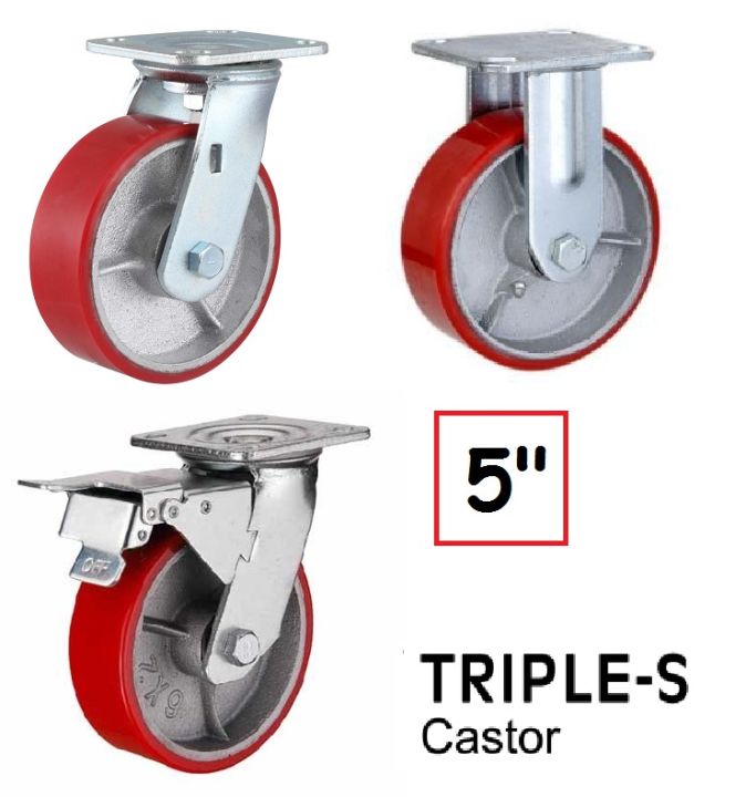 Triple-S 5 inch/ 125mm Heavy Duty Red PU on Iron Core Castor Wheels ...