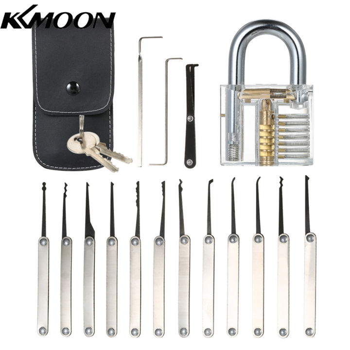 KKmoon 15pcs Lock Picking Set Kit Tool with Transparent Practice Training Padlock Lock for ...