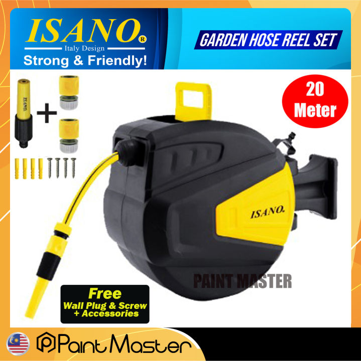 ISANO 20M AUTO Rewind Wall Mounted Retractable Garden Water Hose Reel ...