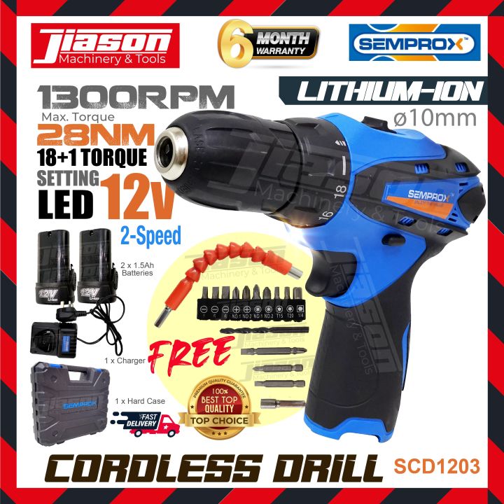 SEMPROX SCD1203 12V 28NM 2-Speed Cordless Drill 1300RPM w/ 2 x Batteries 1.5Ah + Charger ...