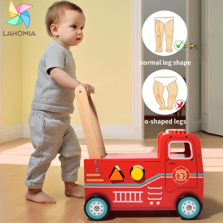 lahomia Wooden Baby Push Cart Fire Truck Theme Learning Stroller for ...