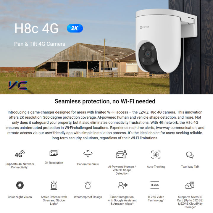Ezviz H8c 4G 2K+ Outdoor CCTV SIM Card Pan & Tilt Wifi IP Camera Auto ...