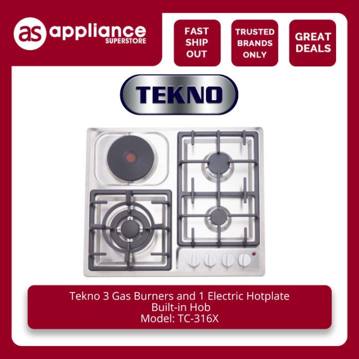 Tekno 3 Gas Burners and 1 Electric Hotplate Built-in Hob TC-316X ...