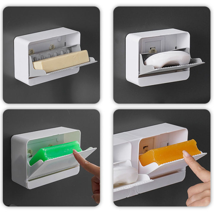 No Drill Soap Holder Organizer with Drain and Cover Wall Mounted Soap ...