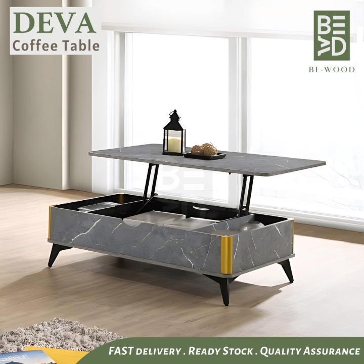 DEVA Coffee Table Marble Board Foldable Spring Lift Table Top Meja Kopi ...