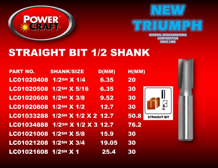 Powercraft Carbide Straight bit 1/2 Shank 1/4, 5/16, 1/2, 1/2 x 2 1/2 x ...