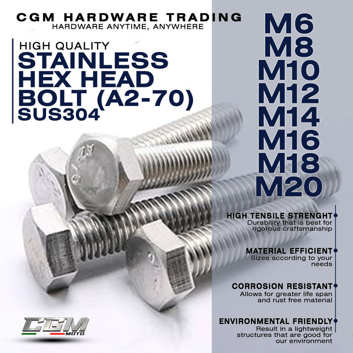 PER PIECE FULL-THREAD STAINLESS HEXAGONAL-HEAD BOLT M6: M8: M10: M12 ...