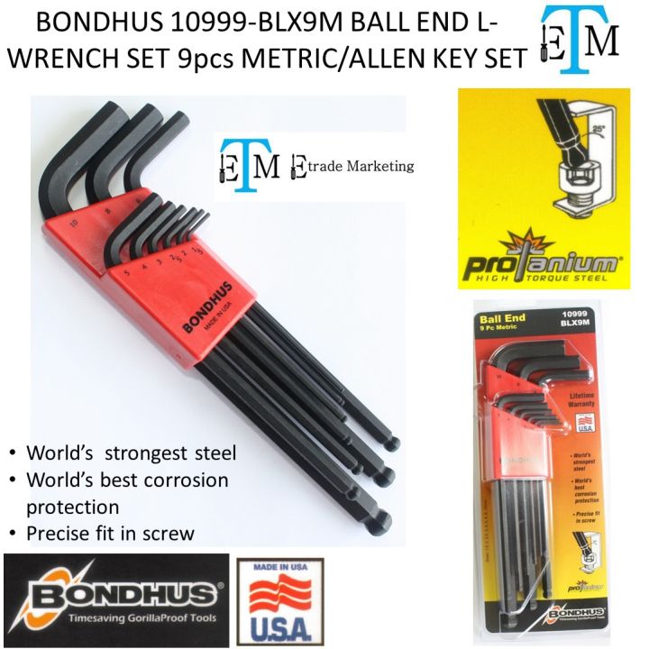 BONDHUS BALL END L-WRENCH SET 9pcs METRIC/ALLEN KEY SET 10999-BLX9M ...