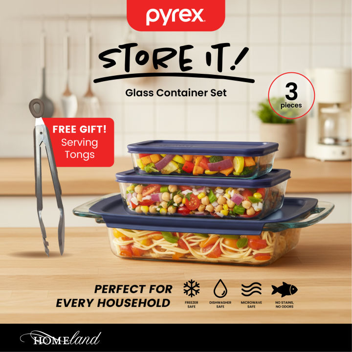 PYREX Easy Grab Loyang Kaca dengan Tutup Plastik / Kotak Makan Kaca ...