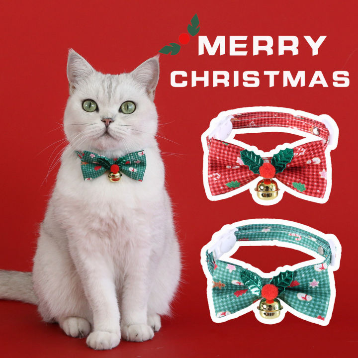 2024 pet cat christmas bow tie collar plaid fabric red green snowman ...