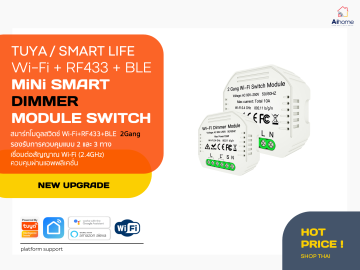 Tuya Mini Smart Dimmer Wi-Fi+RF433+Bluetooth Switch module 10A (2 Gang ...