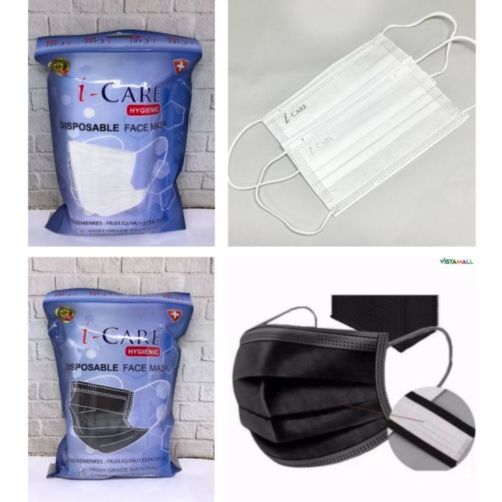 Masker iCare 3 ply isi 50 pcs Putih Hitam Emboss Premium Tebal Earloop ...