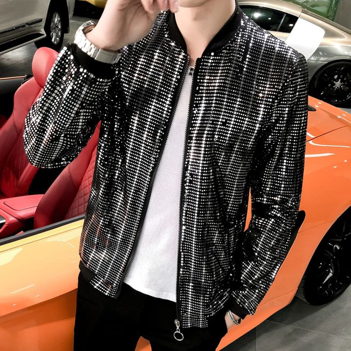 [Ready] Men Shiny Sequins Long Sleeve Zip Pocket Nightclub Singer ...