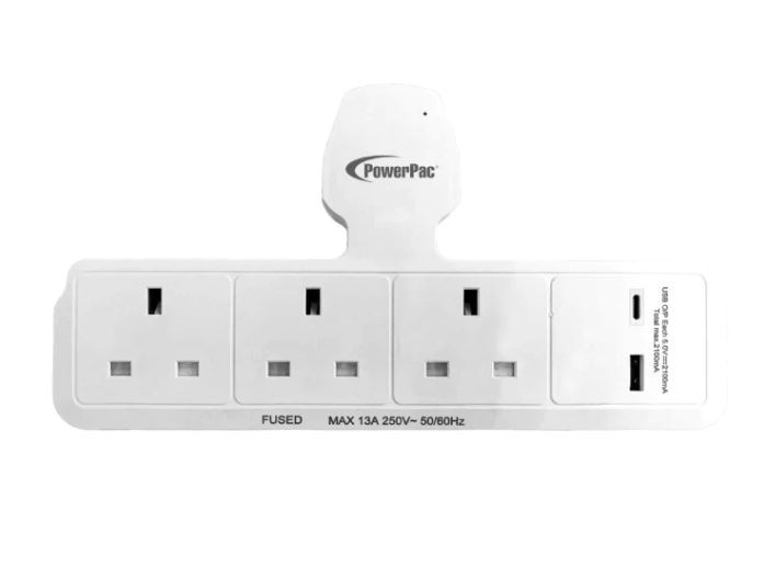 PowerPac 3 Way Extension Plug Adapter with USB/Type C | Extension Wall ...
