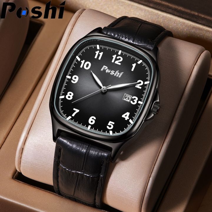 POSHI นาฬิกาผู้ชายแบรนด์หรูของแท้นาฬิกาควอตซ์ปฏิทินอัตโนมัติสายหนังนัก ...
