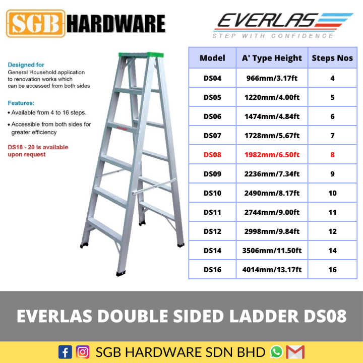 EVERLAS DS08 8 STEPS DOUBLE SIDED LADDER - SILVER + | Lazada