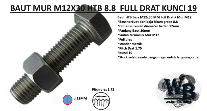 Baut M12x30mm Baja Baut Baja M12 X 30 Baut Mur M12x30 Htb 8 8 Full