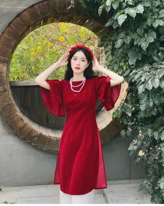 [Free Ship 2024] Áo dài cách tân tay loe chất liệu nhung đỏ kèm quần ...