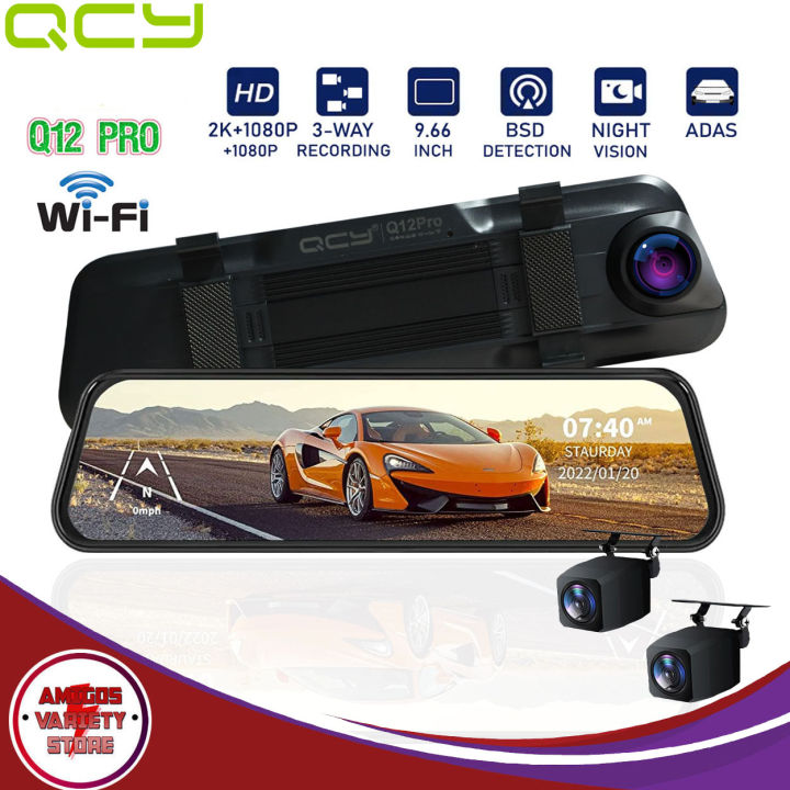 QCY Q12 PRO 9.66" 2K+1080P+1080P 3-Way Recording WiFI Car DVR Rearview ...