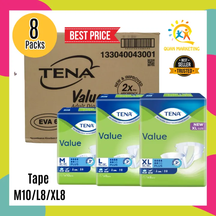 TENA Tape Adult Diapers Value M10/L8/XL8 - 8 Packs / One Carton Deal / Fast Delivery | Lazada