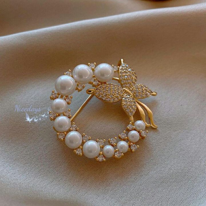 Nicedays🍒Fashion Kupu-kupu Bros Warna Emas Mutiara Bros Pin Berlian Imitasi Breastpin untuk ...