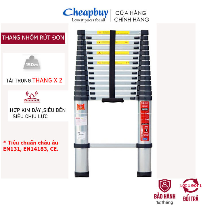 Thang nhôm rút đơn 3,8M- 4,4M- 5M gấp gọn chính hãng Nhập Khẩu FUJIHOME ...