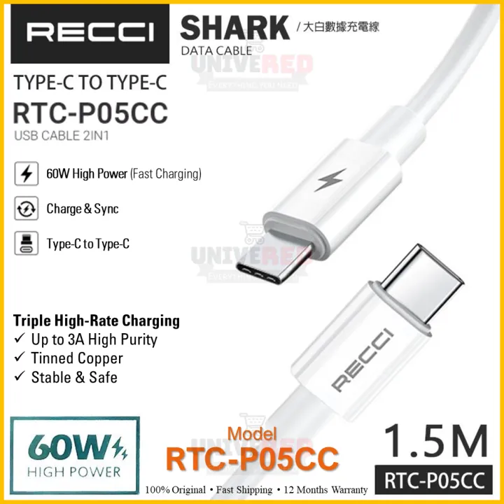 Recci SHARK Type-C to Type-C Charge/ Data Cable (60W High Power, 3A ...