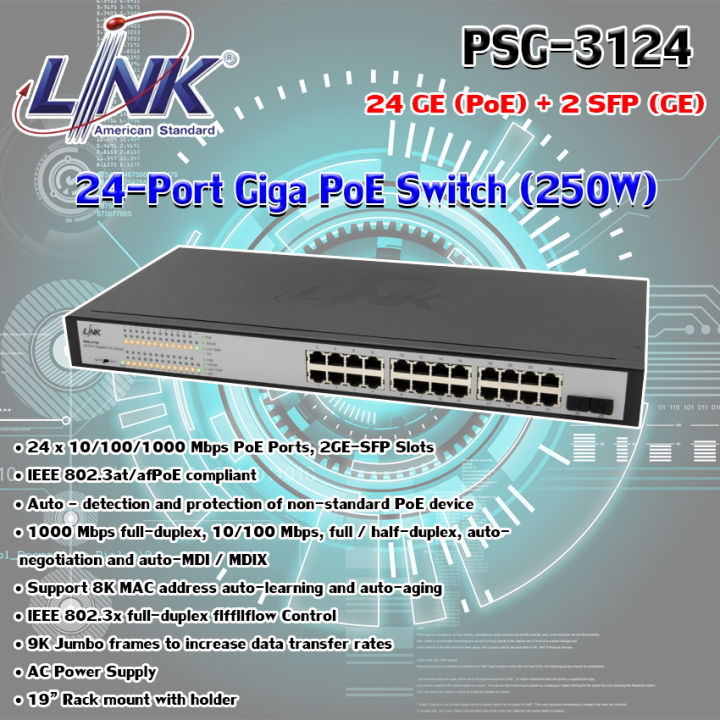LINK 24-Port Giga PoE Switch 24 GE (PoE) + 2 SFP (GE) (250W) รุ่น PSG-3124 | Lazada.co.th