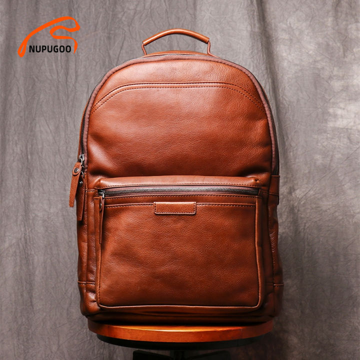 NUPUGOO Genuine Leather Men Backpack 14 Inch Laptop Backpack Travel ...
