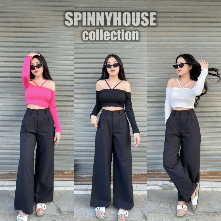 🌈spinnyhouse🌈 กางเกงกระบอกใหญ่ ผ้าไมโคร ตะขอหน้า เอวสูง กระเป๋าข้างทรงดี ใส่ทำงานได้หมดค่า รุ่น ...