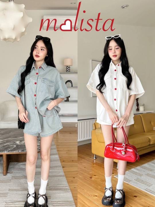 #Malista #Set ยีนส์ งานเสื้อเชิ้ตแขนสั้น แต่งกระดุมแดง กางเกงขาสั้นออก ...