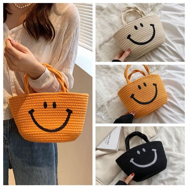 TMWZOQ Woven Cotton Rope Woven Handbag Raffia Hand Hold Smiling Face ...