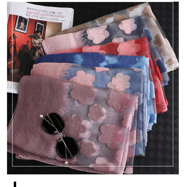 Jifang Gradient Color Floral Organza Silk Scarf Shawl Pashmina Hollow ...