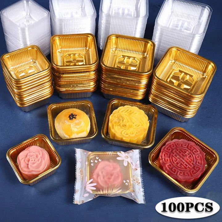 100Pcs Golden Transparent Moon Cake Tray Moon Cake Box Container Food ...
