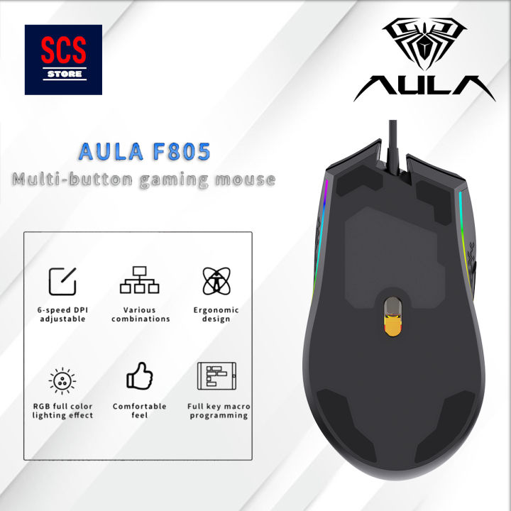 AULA F805 Gaming Mouse Marco Programmable RGB Colorful Lighting 6 gear ...