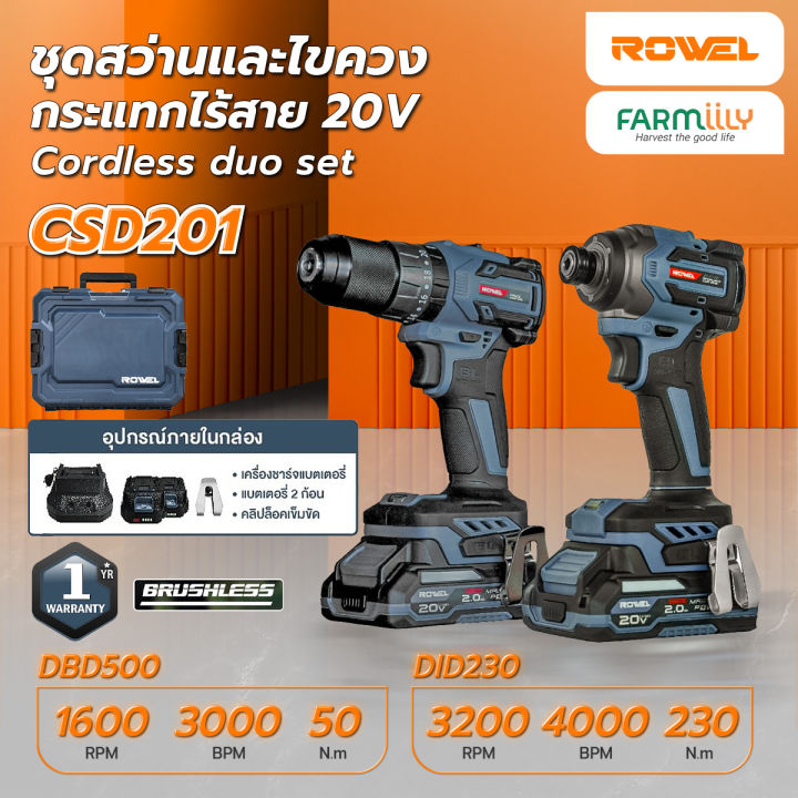(ศูนย์ไทย) ชุดสว่านและไขควงกระแทกไร้สาย ROWEL รุ่น RW-PT-CSD201 set duo ...