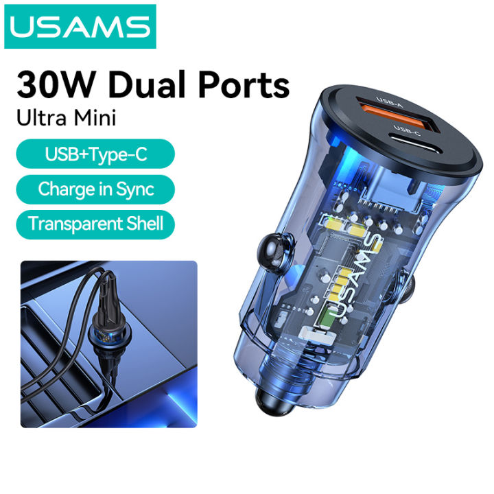 USAMS 30W Dual Ports Mini Car Charger USB+Type-C Port Car Fast Charger ...