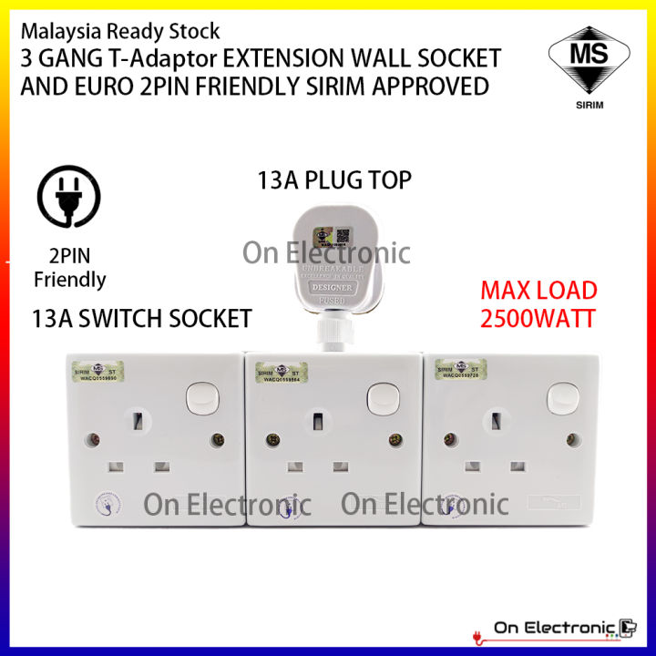 3 GANG ML T-Adaptor EXTENSION WALL SOCKET AND EURO 2PIN FRIENDLY ...