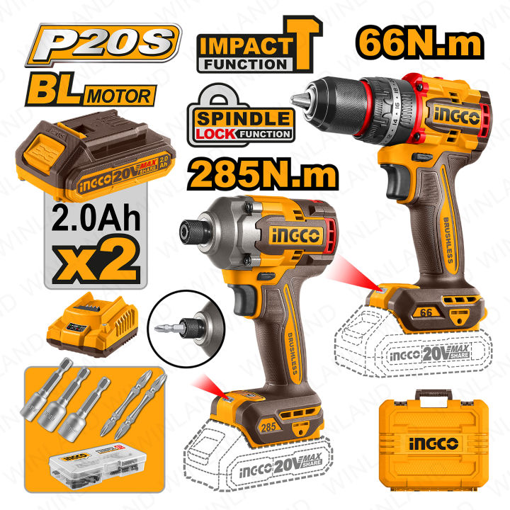 Ingco by Winland P20S/20V 2PCS Combo Kit with Lithium-Ion Compact ...
