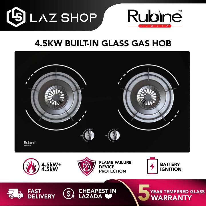 Rubine 4.5KW Built-in Glass Gas Hob 2 Burner 76cm with Safety Valve RGH ...