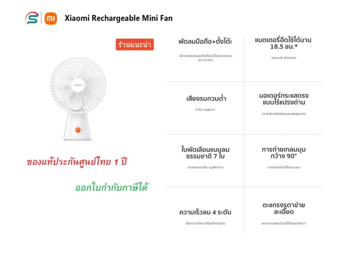 Xiaomi Mi Rechargeable Mini Fan เสียวหมี่ พัดลมพกพารุ่น Mini | Lazada.co.th