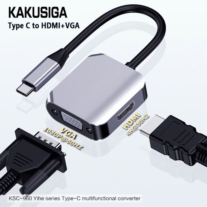 KAKUSIGA 2in1 Type C to HDMI Adapter 4k 30Hz VGA 1080P 60Hz USB C Hub ...