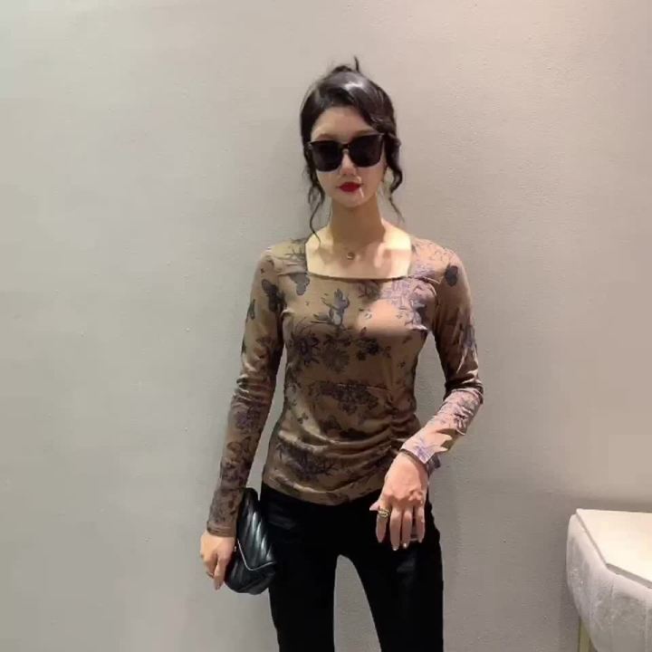 HZM 2024เสื้อยืดที่เย็บแขนยาวจีบคอวีพิมพ์ลายแฟชั่นตาข่ายมีสไตล์ | Lazada.co.th