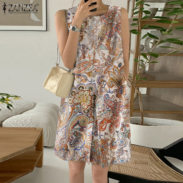 Celmia ZANZEA Korean Style Women's Boian Printed Crew Neck Sundress ...