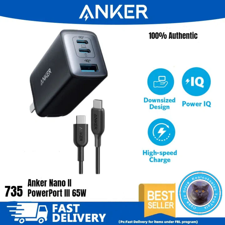 Anker 735 Charger PowerPort III 3-Port 65W Pod (Nano II 65W)Fast Compact Foldable Wall Charger ...