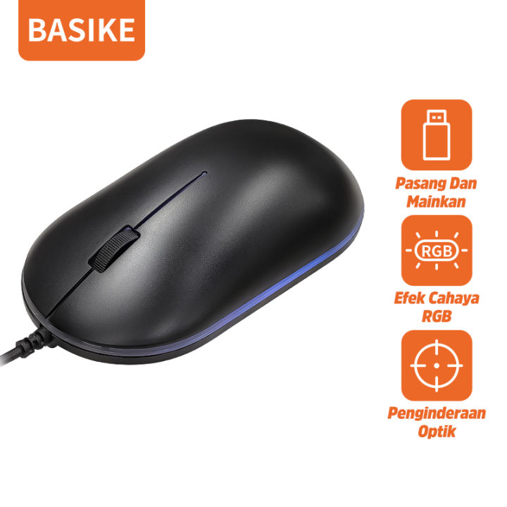 BASIKE Mouse Kabel USB Optical Mice Silent Click untuk Windows, Mac ...